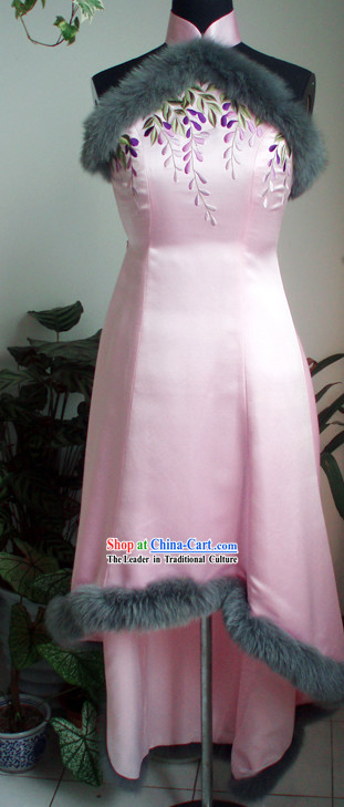 Traditional Mandarin Handmade and Embroidered Silk and Fox Fur Full Dress