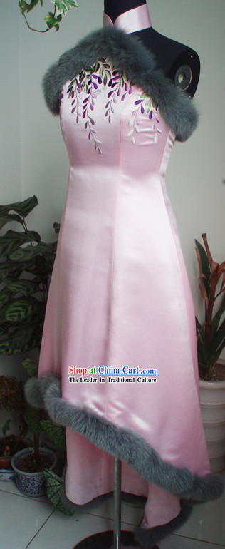 Traditional Mandarin Handmade and Embroidered Silk and Fox Fur Full Dress