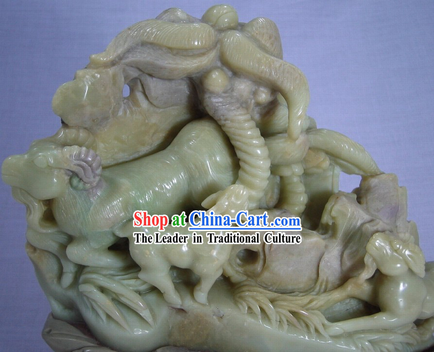 Natural Qingtian Jade Three Goats Bring Luck Sculpture