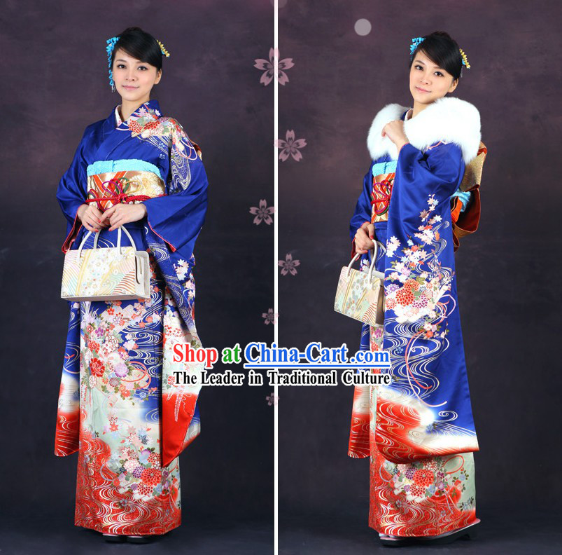 Traditional Japanese Blue Furisode Kimono for Women