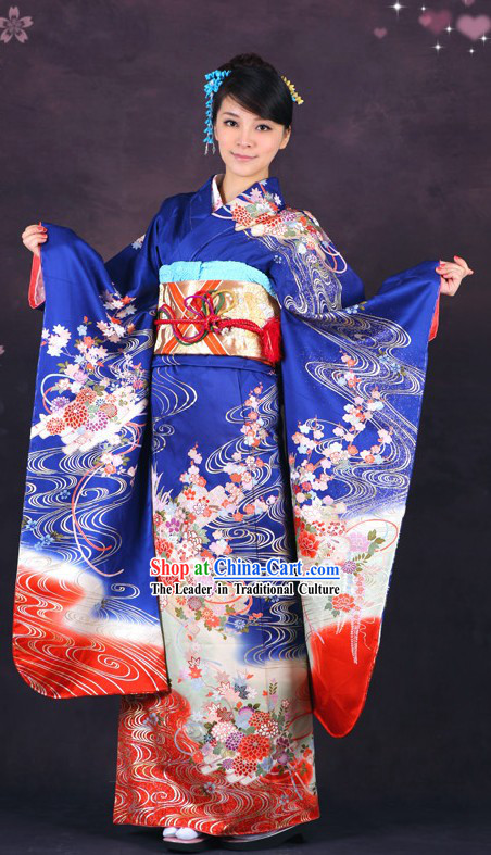 Traditional Japanese Blue Furisode Kimono for Women