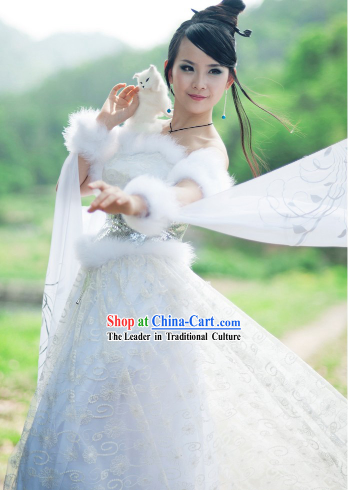 Ancient Chinese Fox Fairy White Costumes Complete Set